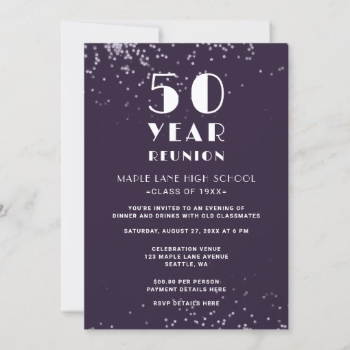 Glitter Purple Confetti ANY YEAR Class Reunion Invitation | Zazzle