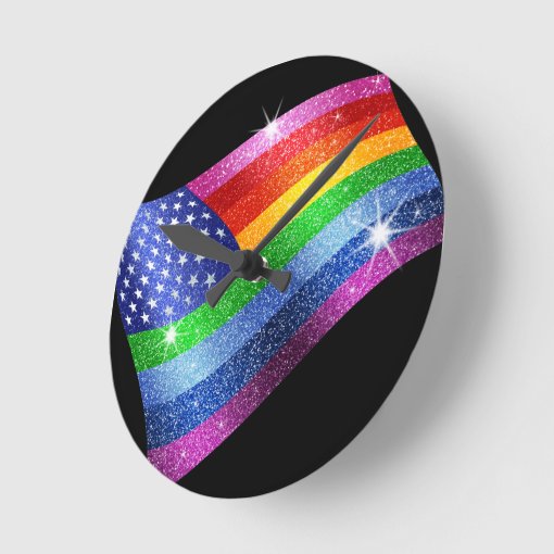 Glitter Rainbow American Flag Clock | Zazzle