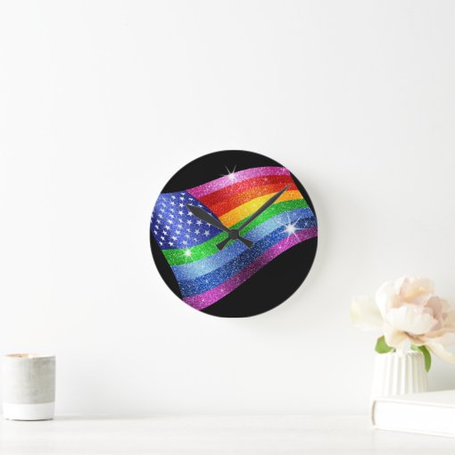 Glitter Rainbow American Flag Clock | Zazzle