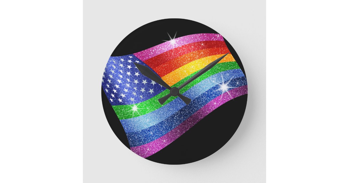 Glitter Rainbow American Flag Clock | Zazzle