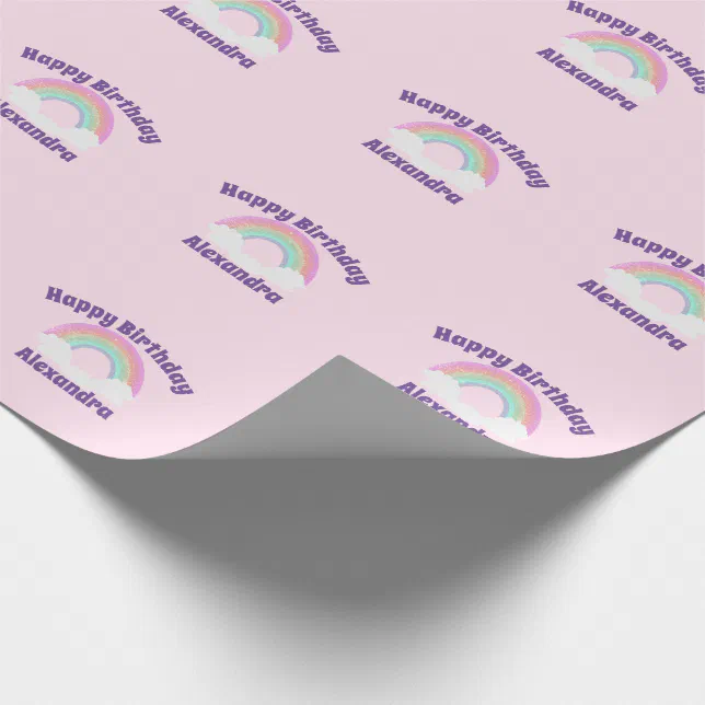 Glitter Rainbow Custom Happy Birthday on Pink Wrapping Paper | Zazzle