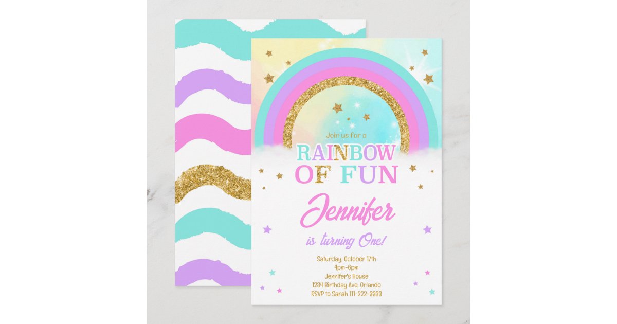 Glitter Rainbow Stars Birthday Invitation | Zazzle