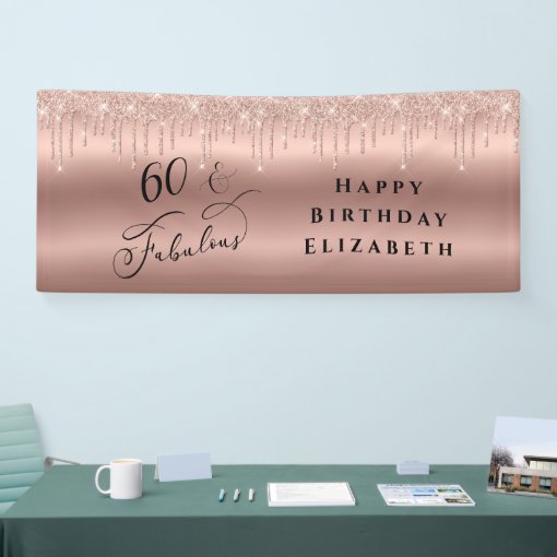 Glitter Rose Gold 60th Birthday Party Banner | Zazzle