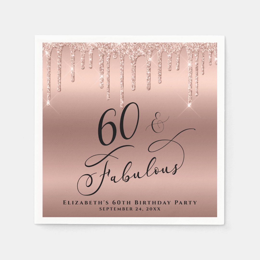 Glitter Rose Gold 60th Birthday Party Napkins | Zazzle