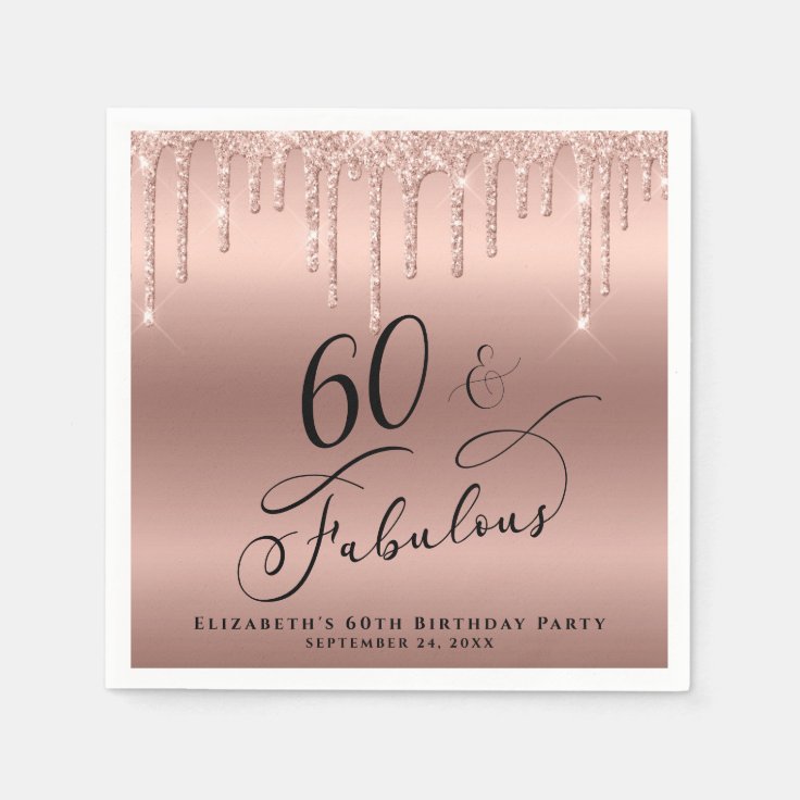 Glitter Rose Gold 60th Birthday Party Napkins | Zazzle