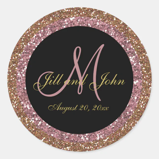Glitter Rose Gold Champagne Wedding Monogram Classic Round Sticker | Zazzle