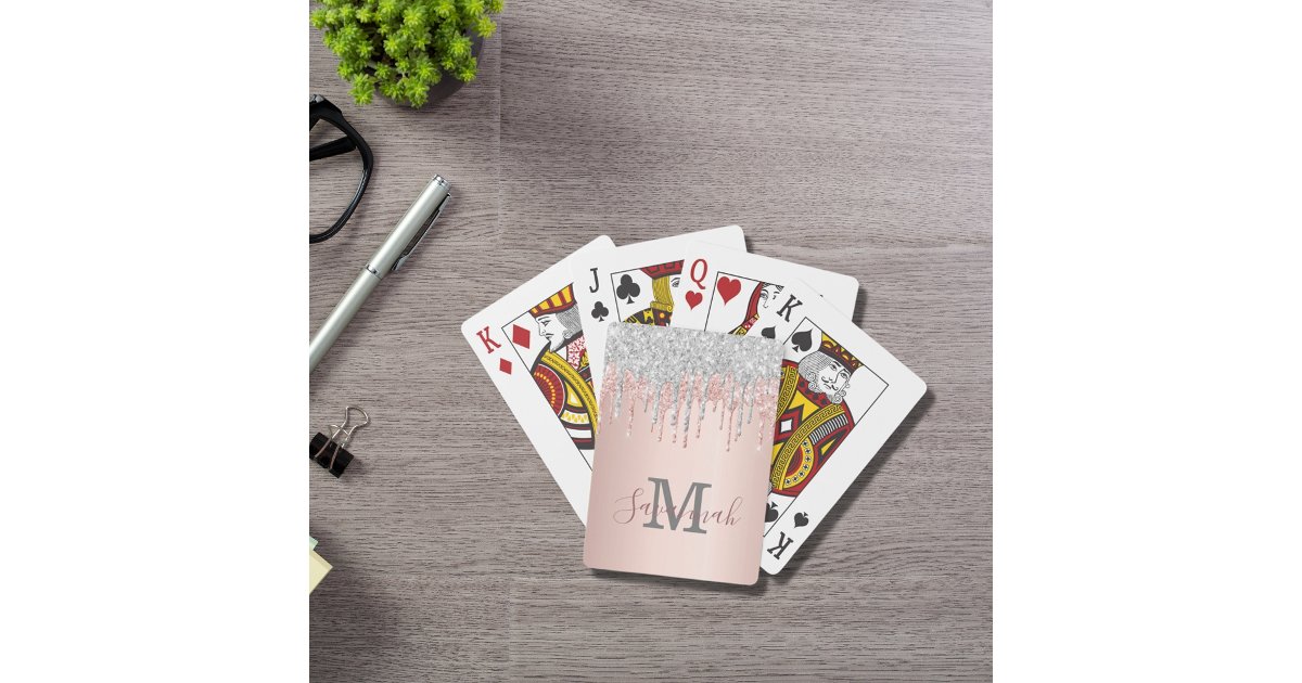 Glitter rose gold sparkle pink monogram silver poker cards | Zazzle