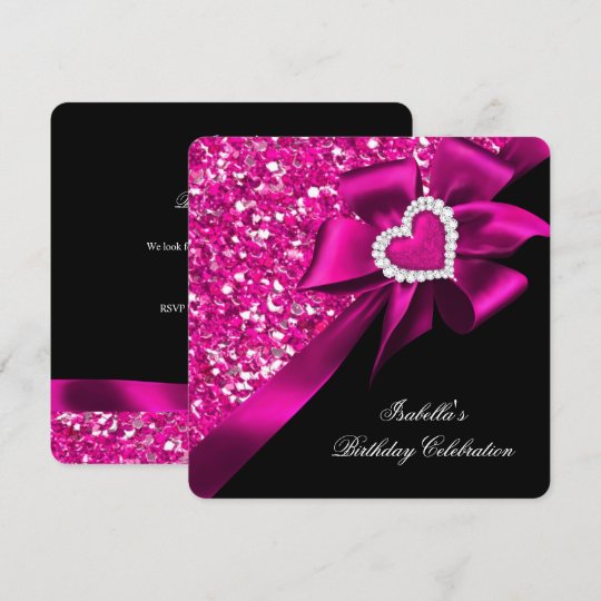 Glitter Royal Hot Pink Heart Bow Black Party Invitation | Zazzle.com