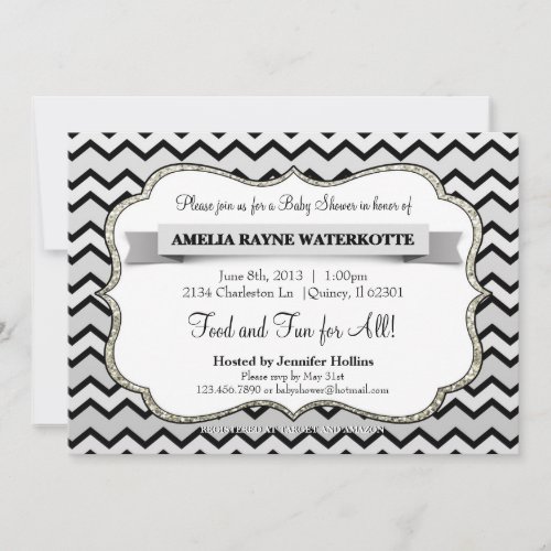 Glitter Silver and Black Chevron Baby Shower Personalized Invitations