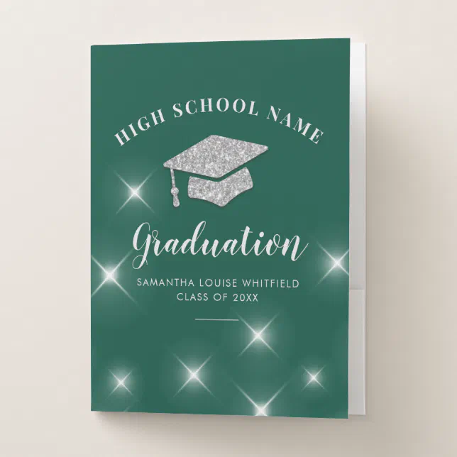 Glitter Silver Cap Green College Graduation Grad Pocket Folder | Zazzle