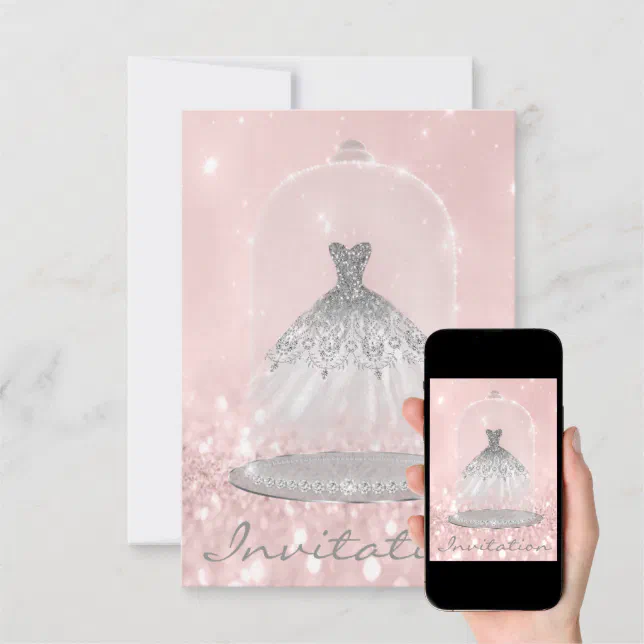 Glitter Silver Gray Pink Diamond Silver Dress Girl Invitation | Zazzle