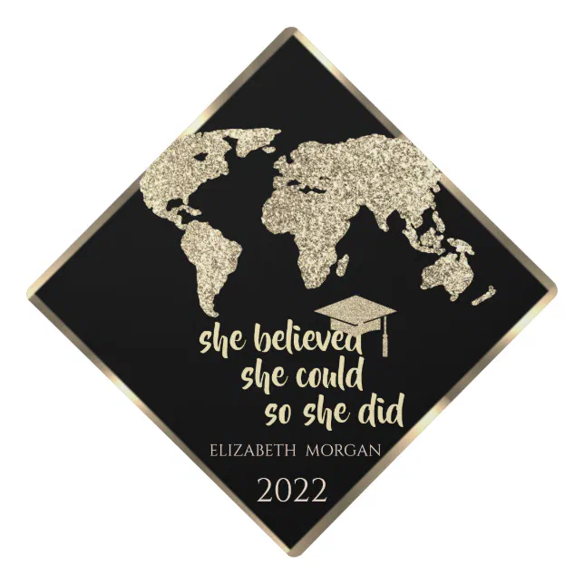 Glitter World Map -Motivational Message Graduation Cap Topper | Zazzle