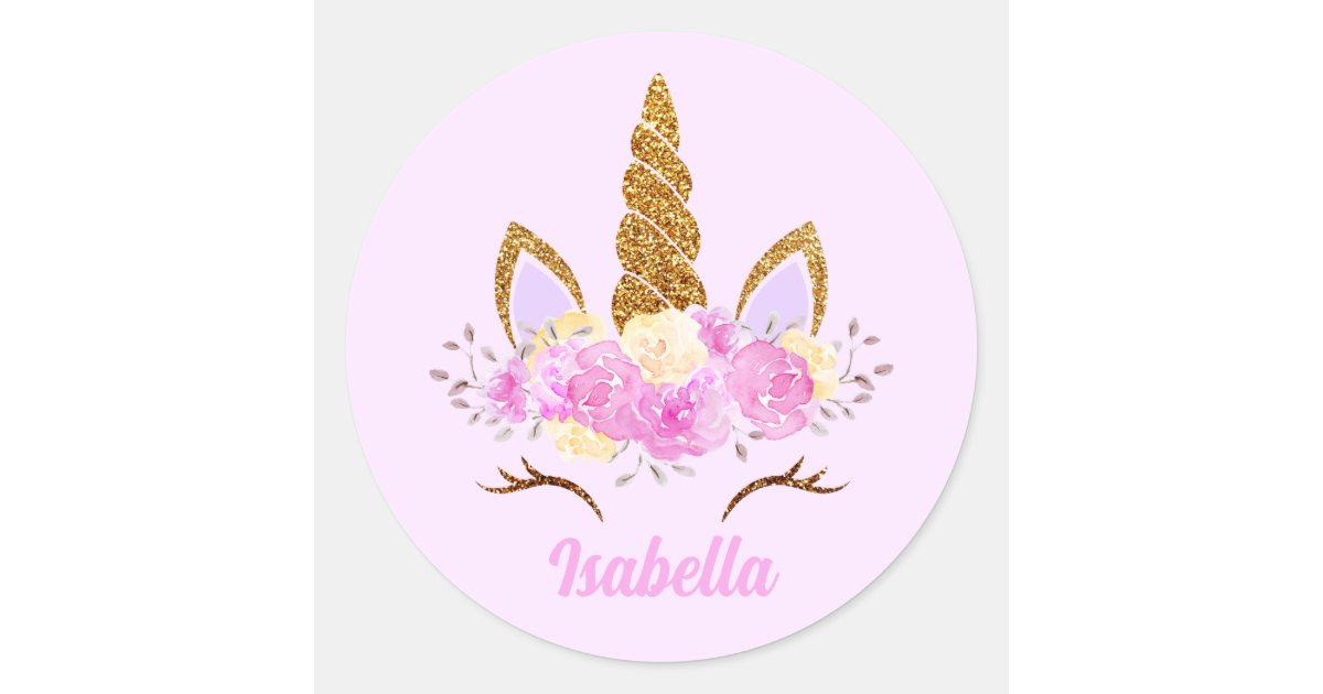 Glittered Floral Unicorn Face Personalized Name Classic Round Sticker ...