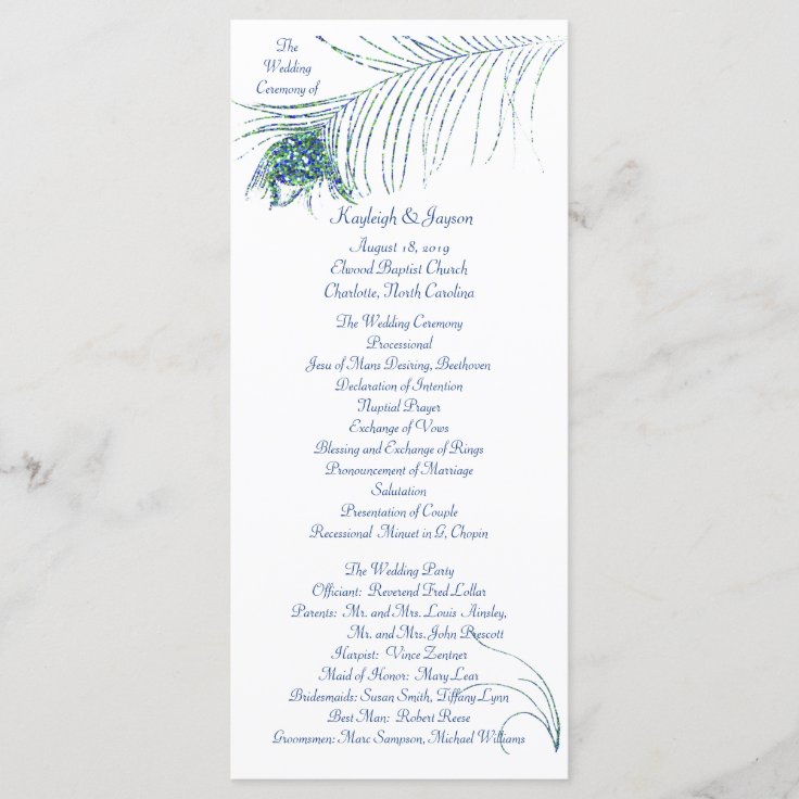 Glittering Peacock Wedding Program Rack Card | Zazzle