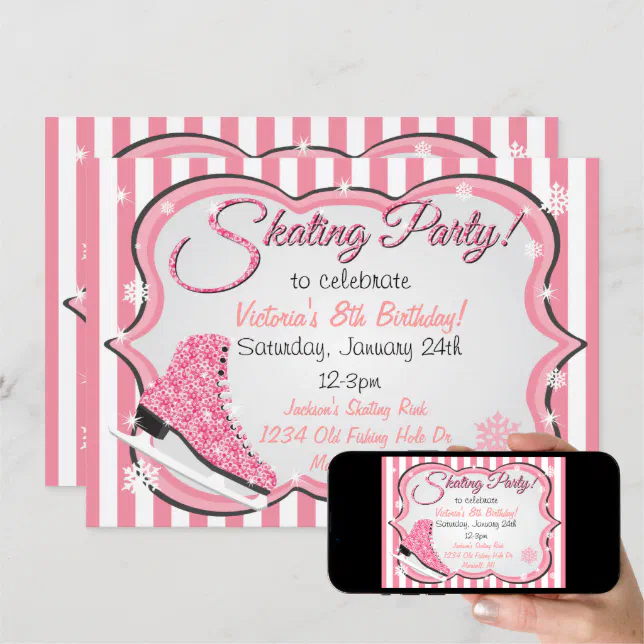 Glittering Sequin Pink Ice Skating Party Invites | Zazzle