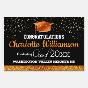 Glittery Black and Orange Congratulations Graduate Sign | Zazzle
