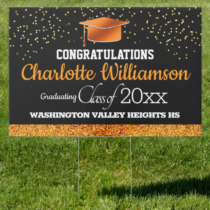 Glittery Black and Orange Congratulations Graduate Sign | Zazzle