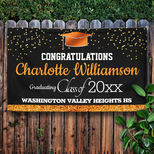 Glittery Black and Orange Graduation Banner | Zazzle