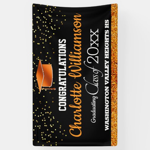 Glittery Black and Orange Graduation Banner | Zazzle