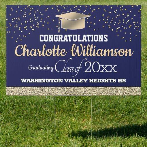 Glittery Blue and Gold Congratulations Graduate Sign | Zazzle