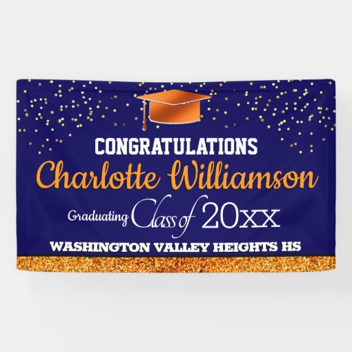 Glittery Blue and Orange Graduation Banner | Zazzle