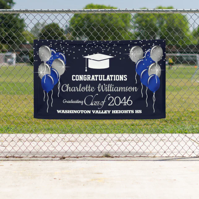 Glittery Blue and Silver Graduation Banner | Zazzle