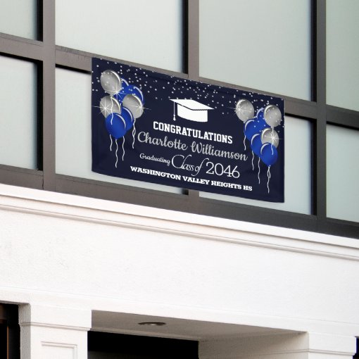 Glittery Blue and Silver Graduation Banner | Zazzle
