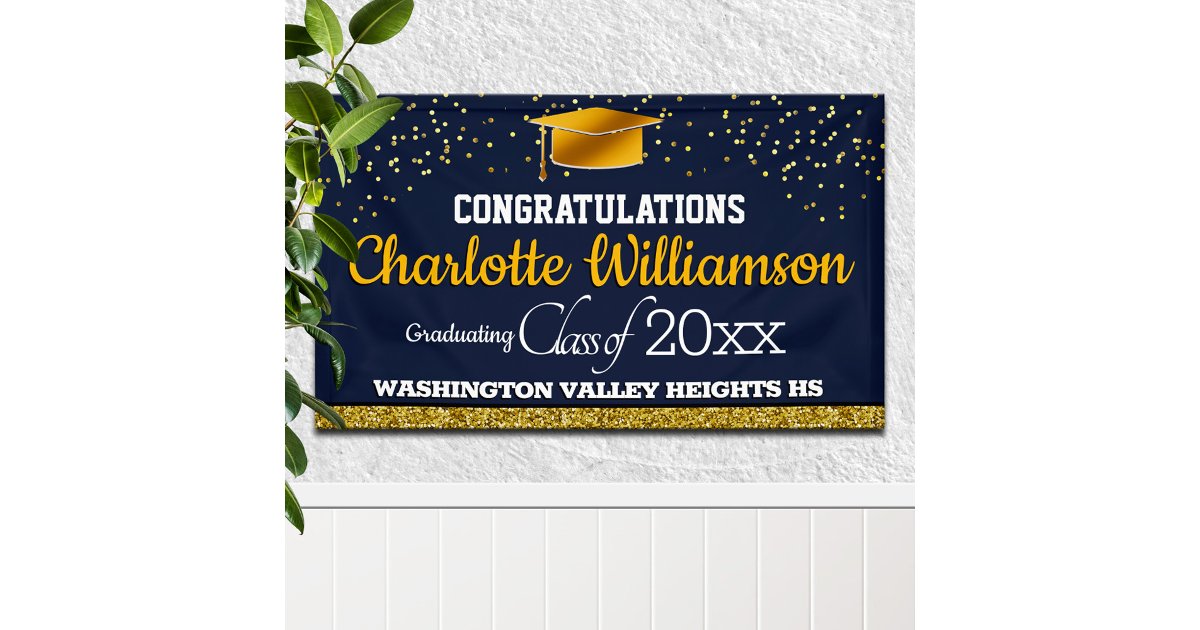 Glittery Blue and Yellow Graduation Banner | Zazzle