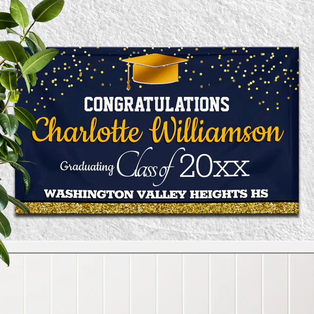 Glittery Blue and Yellow Graduation Banner | Zazzle
