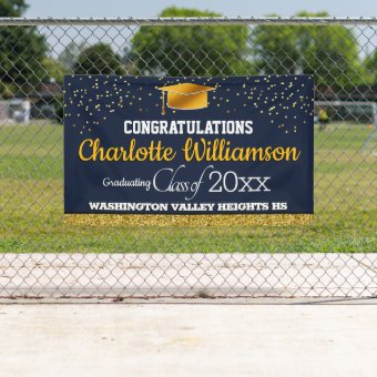 Glittery Blue and Yellow Graduation Banner | Zazzle