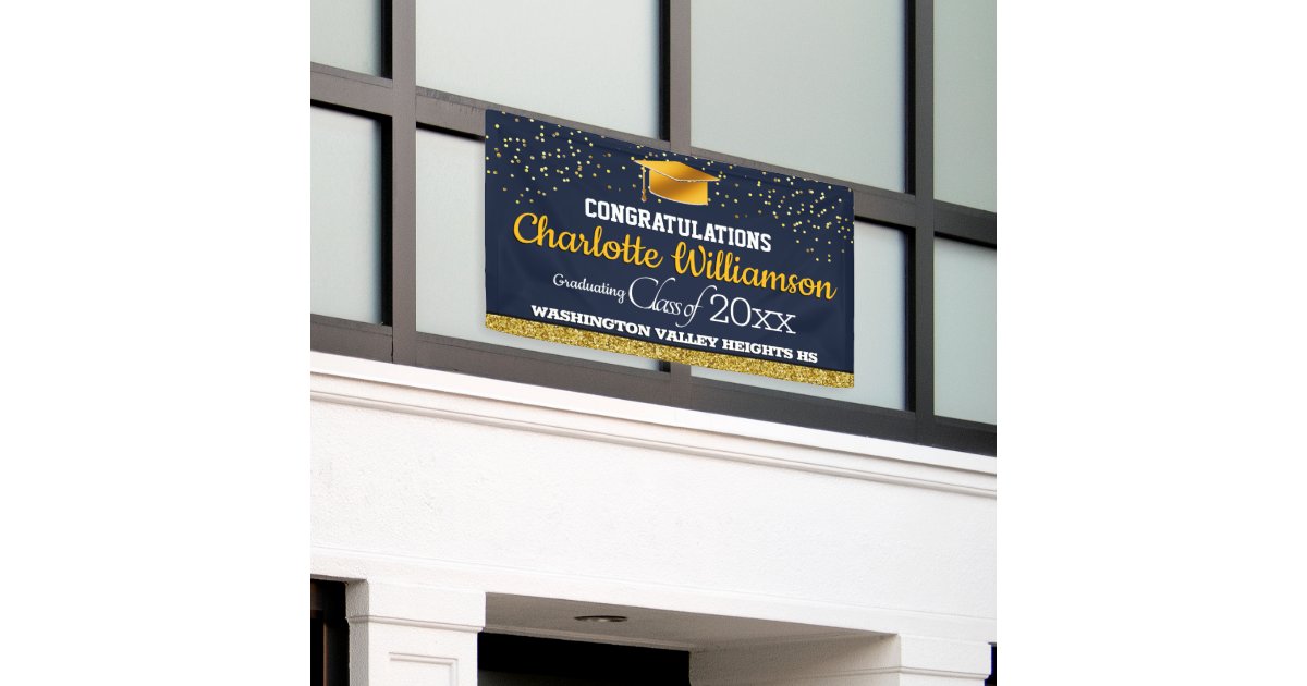 Glittery Blue and Yellow Graduation Banner | Zazzle