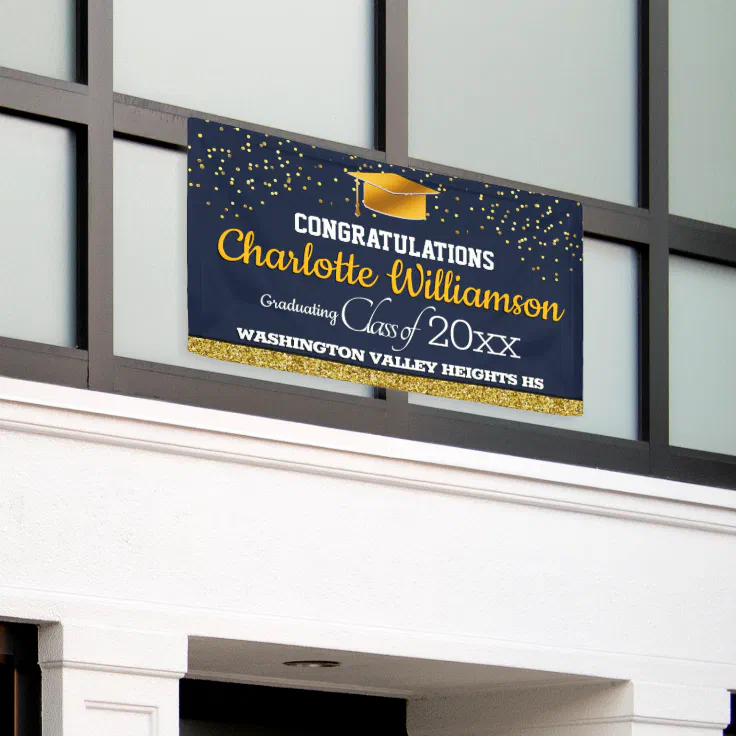 Glittery Blue and Yellow Graduation Banner | Zazzle