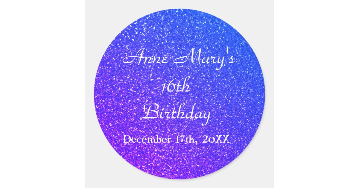 Glittery Blue Sparkle 16th Birthday Custom Name Classic Round Sticker ...