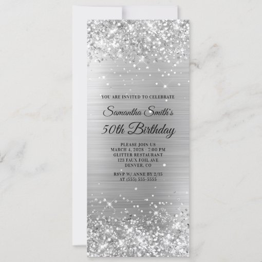 Glittery Brushed Silver Foil 50th Birthday Invitation | Zazzle