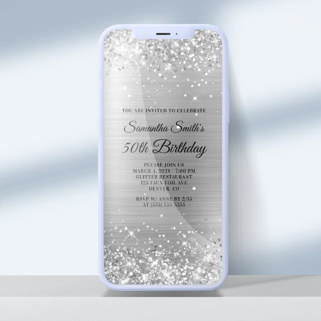 Glittery Brushed Silver Foil 50th Birthday Invitation | Zazzle