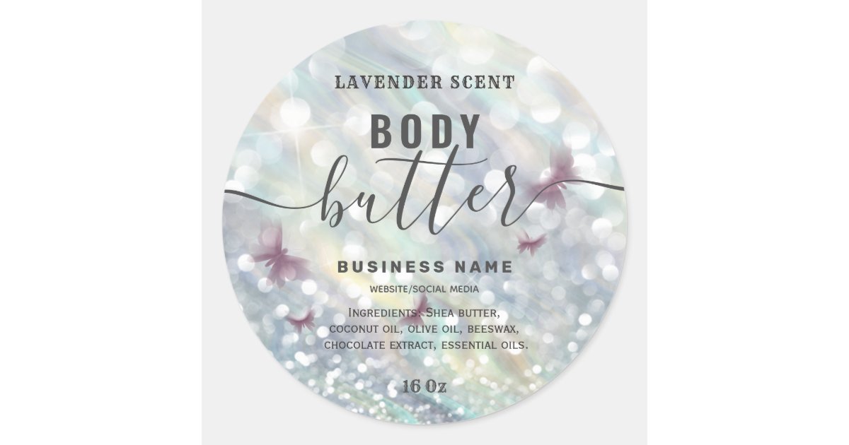 Glittery butterfly script body butter label | Zazzle