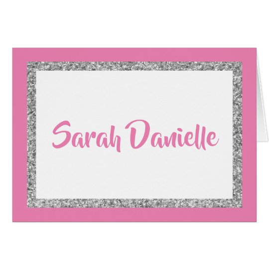 Glittery Dark Pink & Silver Personalized Note Card | Zazzle.com
