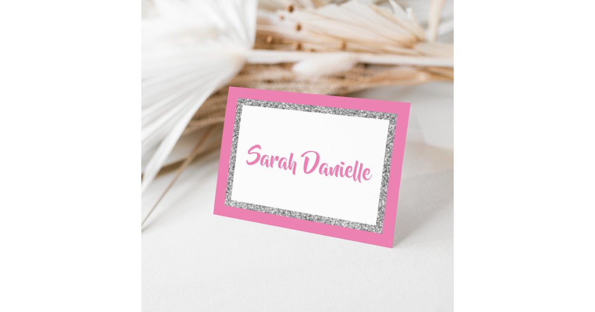 Glittery Dark Pink & Silver Personalized Note Card | Zazzle