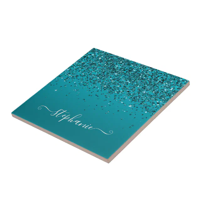 Glittery Dark Turquoise Gradient Girly Calligraphy Ceramic Tile | Zazzle