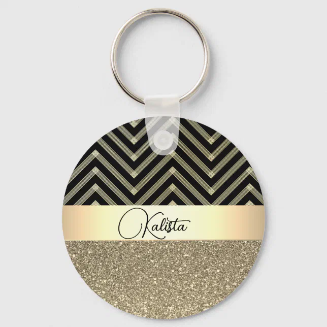 Glittery Gold and Black Chevron Personalized Keychain | Zazzle
