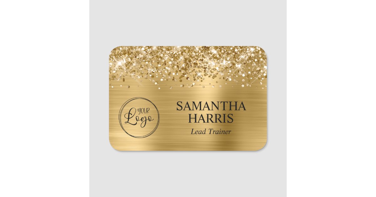Glittery Gold Foil Logo Name Tag | Zazzle