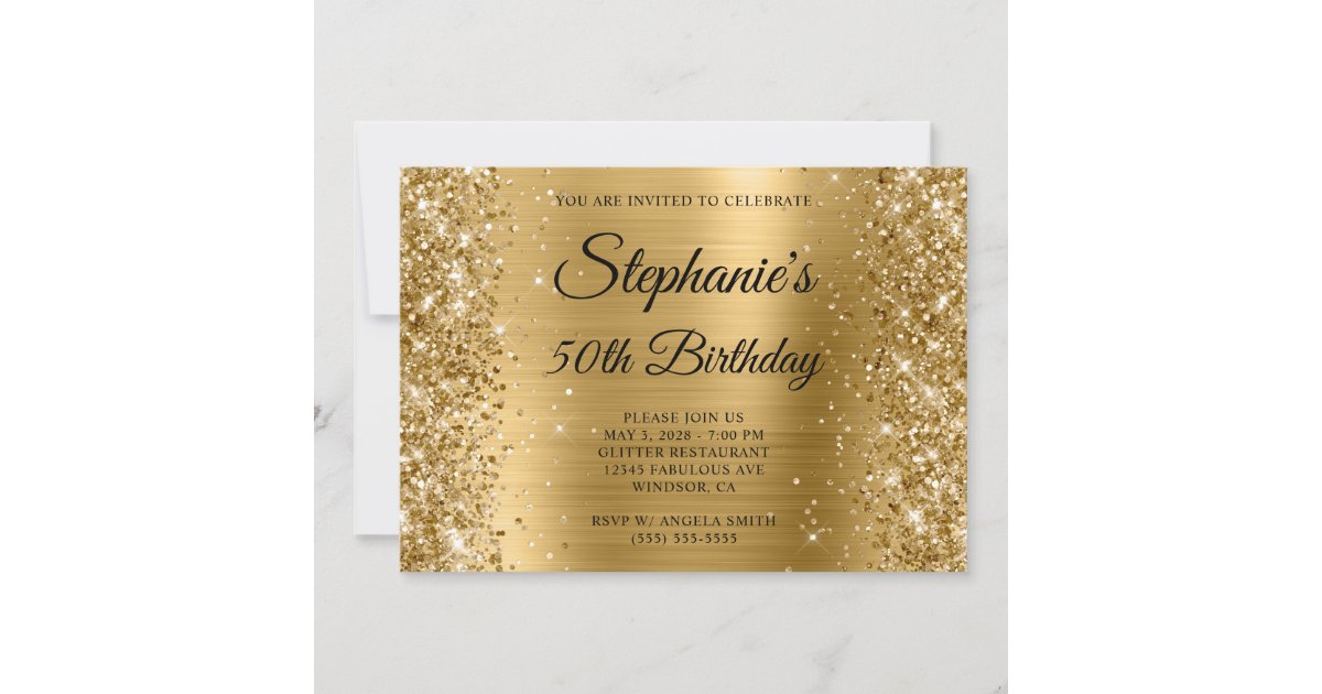 Glittery Gold Foil Monogram 50th Birthday Invitation | Zazzle