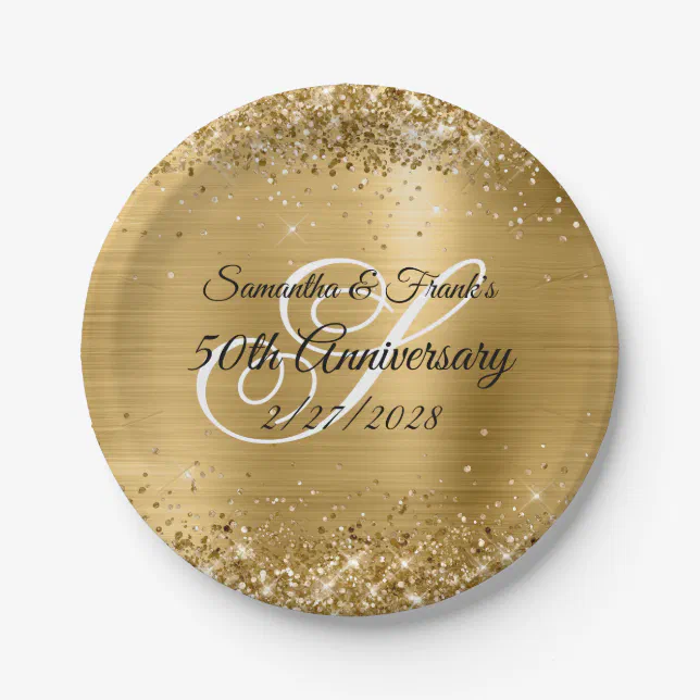 Glittery Gold Foil Monogrammed 50th Anniversary Paper Plates | Zazzle