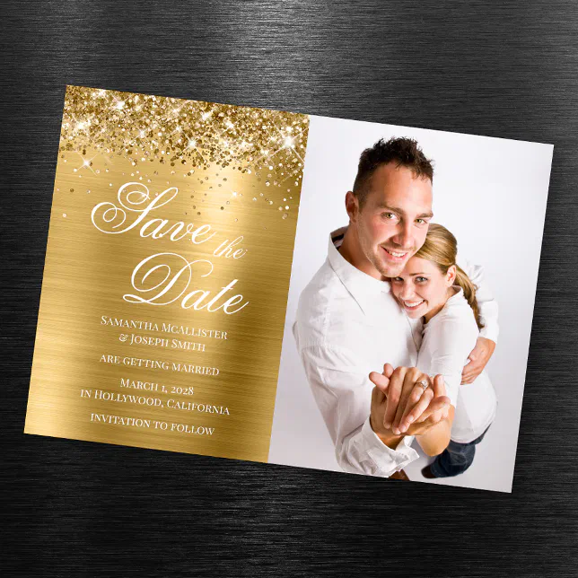 Glittery Gold Foil Photo Save the Date Magnetic Invitation | Zazzle