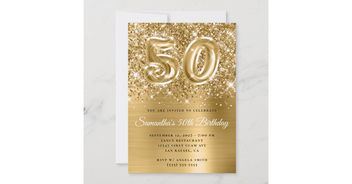 Glittery Gold Glam Number 50th Birthday Invitation | Zazzle
