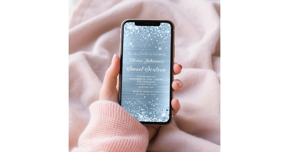 Glittery Light Blue Metallic Look Sweet 16 Invitation | Zazzle