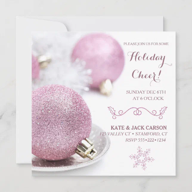 Glittery Pink Ornaments Modern Christmas Invitation | Zazzle