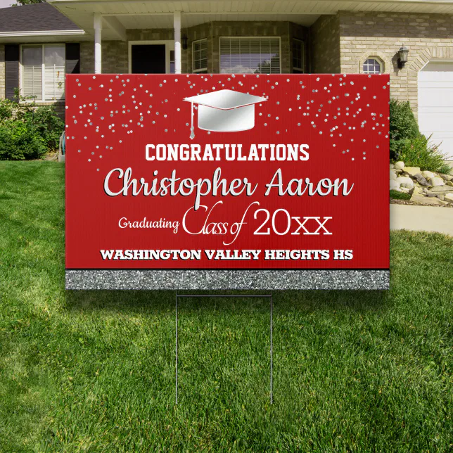 Glittery Red and Silver Congratulations Graduate Sign | Zazzle