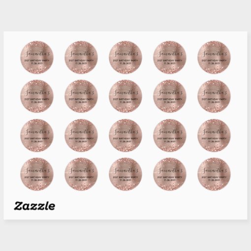 Glittery Rose Gold Foil 21st Birthday Party Classic Round Sticker | Zazzle