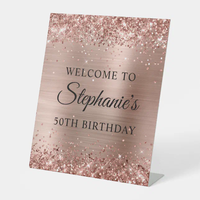 Glittery Rose Gold Foil 50th Birthday Pedestal Sign | Zazzle